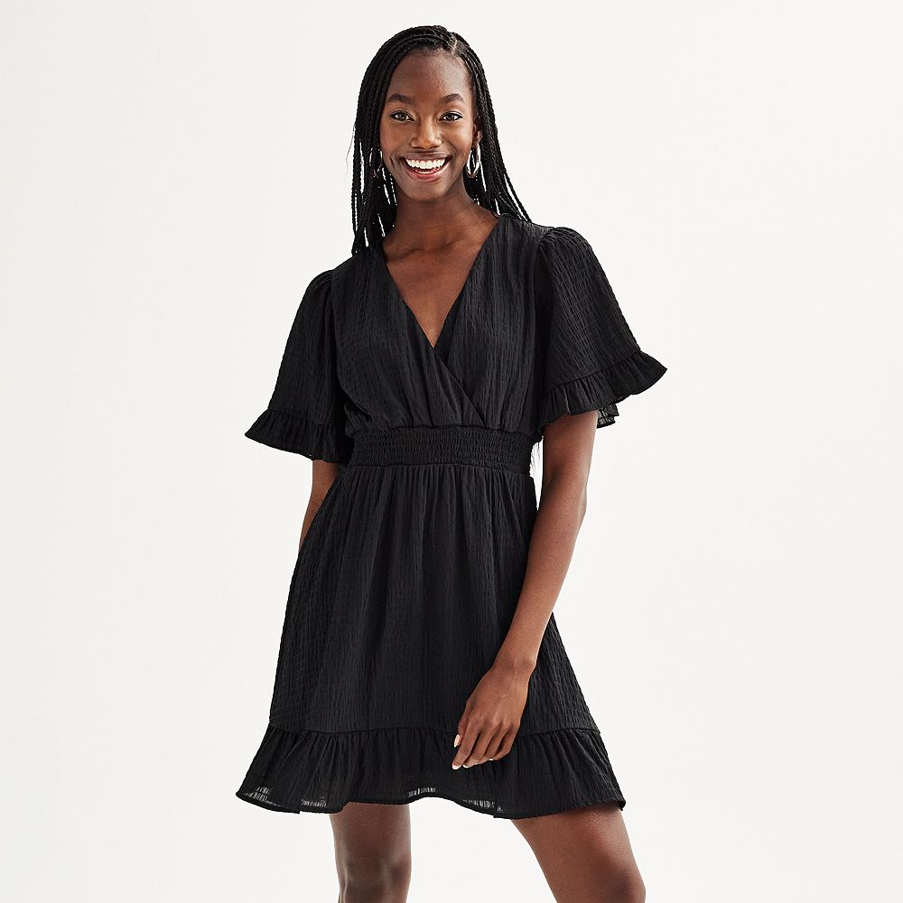 Juniors' Rewind Textured Faux Wrap Short Sleeve Dress