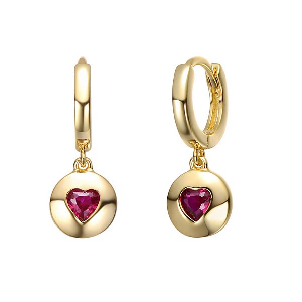 14k Gold Over Silver Red Cubic Zirconia Heart Dangle Earrings