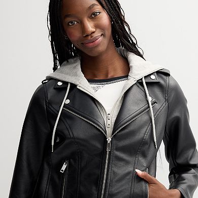 Junior's Sebby Faux Leather Hooded Moto Jacket