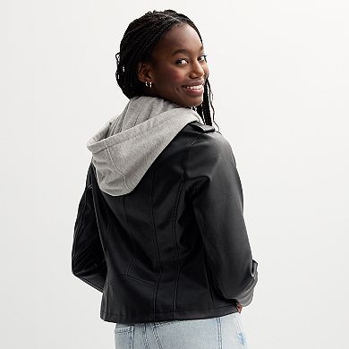 Junior's Sebby Faux Leather Hooded Moto Jacket