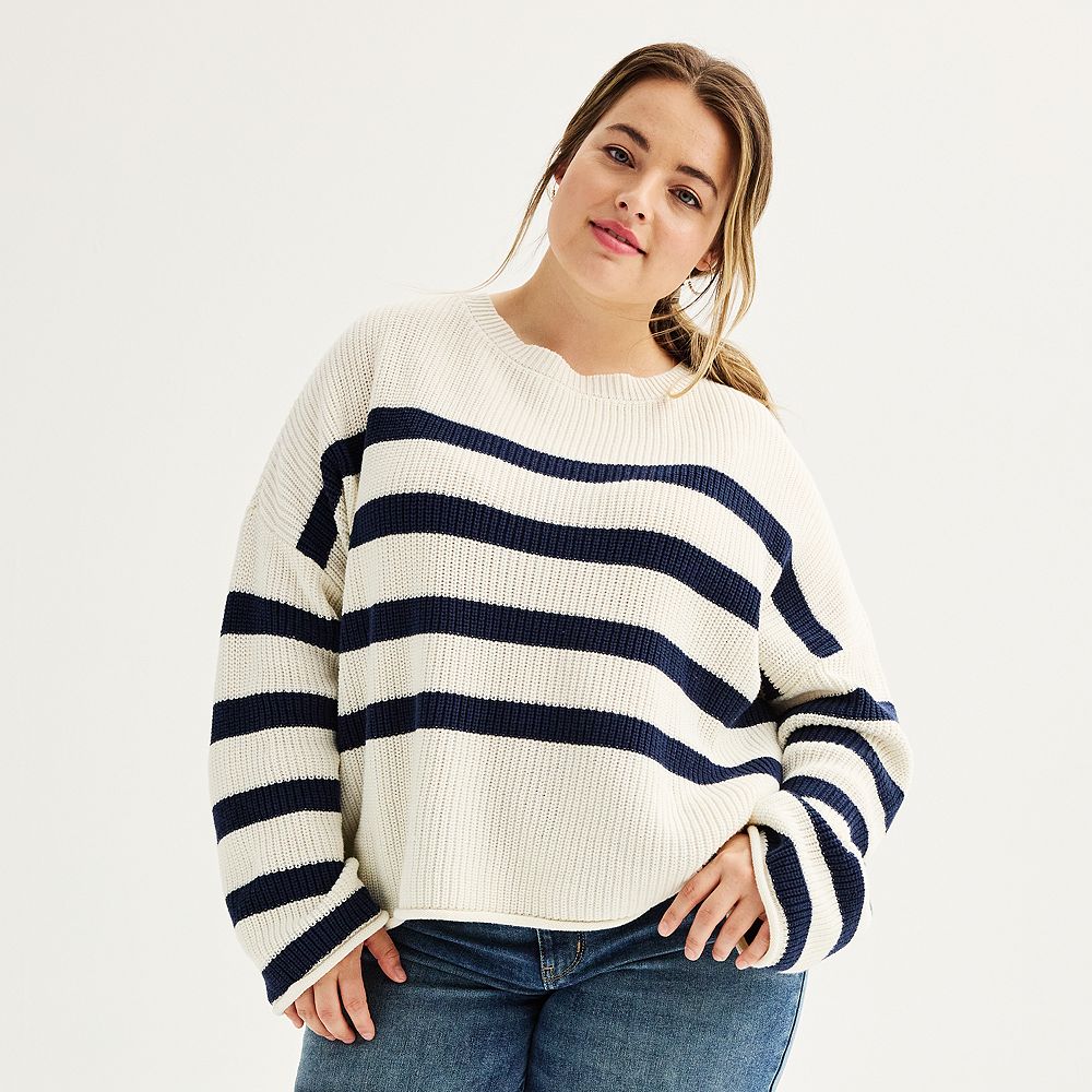 Juniors' Plus Size SO® Long Sleeve Open Crewneck Pullover