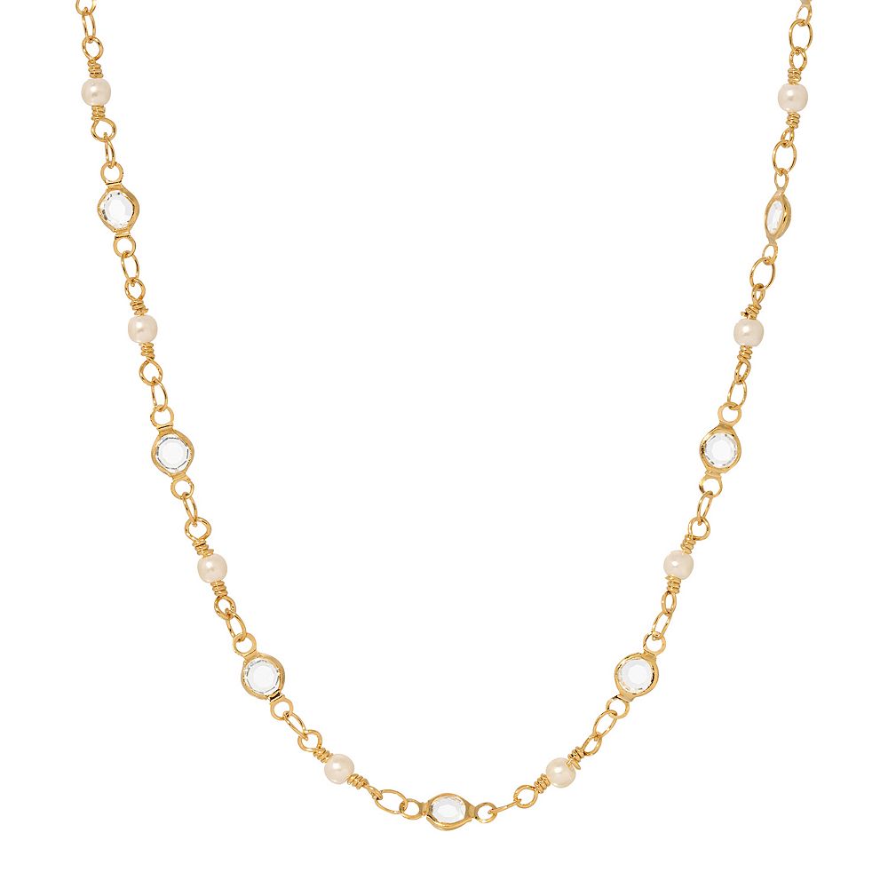 1928 14k Gold Tone Channel Set Crystal Faux Pearl Beads Necklace