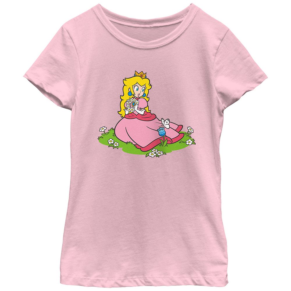 Girls Super Mario Bros Princess Peach Picking Flowers Graphic Tee