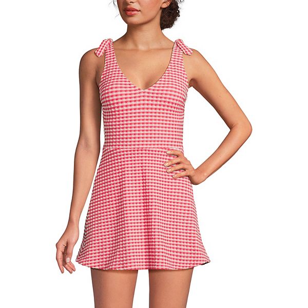 Women's Lands' End V-Neck Gingham One-Piece Swim Dress