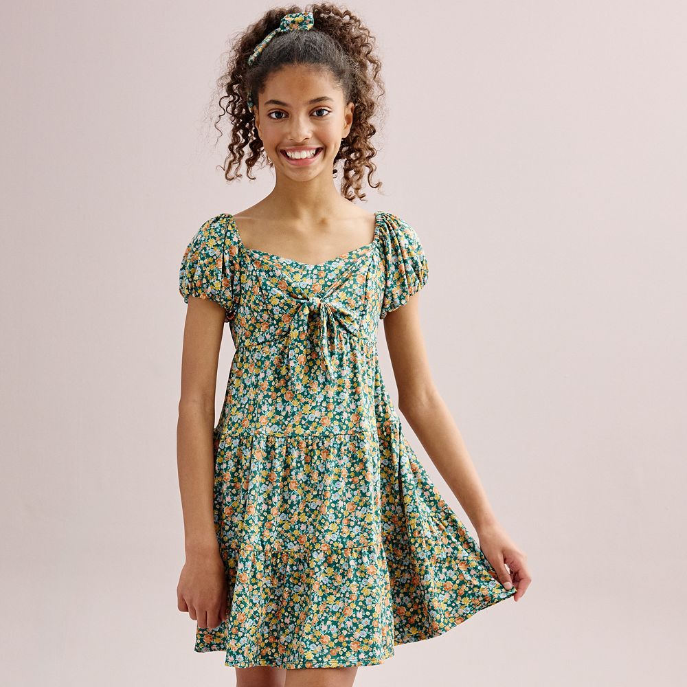 Girls 7-16 Three Pink Hearts Tie Front Dress & Scrunchie in Regular ...