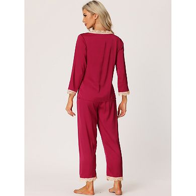 Women's Satin Lounge Sleepwear Night Suits V Neck Lace Trim Pajama Sets