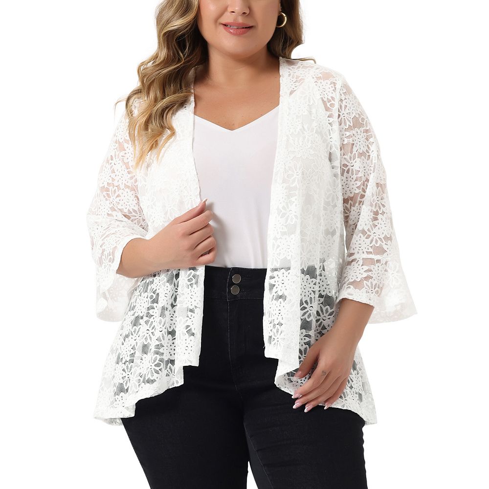 Plus Size Cardigan for Women Open Front 3/4 Sleeve Sheer Casual Lace ...