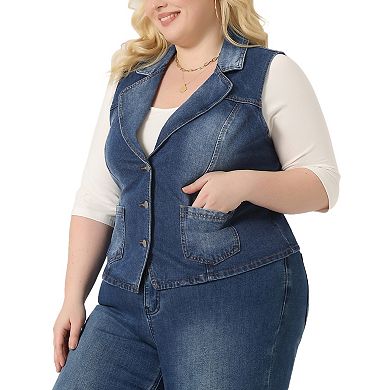 Plus Size Denim Vest For Women Sleeveless Lapel Button Down Classics ...