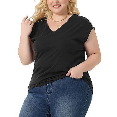 Plus Size Tops For Women V Neck Sleeveless Sequin Panel Shoulder Tank Tops