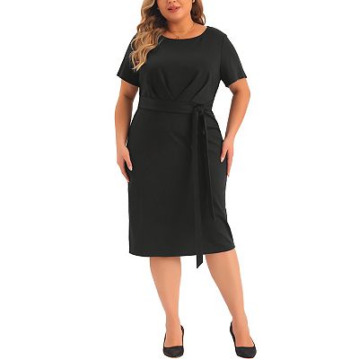 Plus Size Dress For Women Round Neck Short Sleeve Belted Knot Tie Midi Dresses