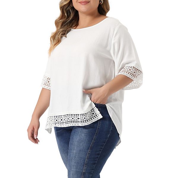 Women's Plus Size Lace Crochet Short Sleeve Shirts Casual Side Split ...