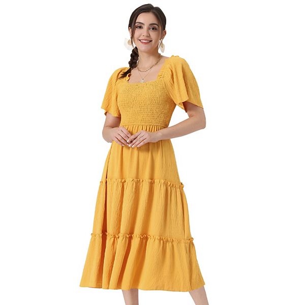 Boho Midi Dress For Women Square Neck Flutter Short Sleeve Tiered Flowy Smocked Dress