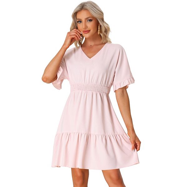 Boho V Neck Short Sleeves Smocked Waist Dress For Women Ruffled Tiered
