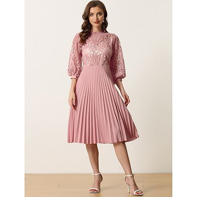 Women's Floral Lace Dress 3/4 Sleeves Belted Panel A-line Pleated Dresses