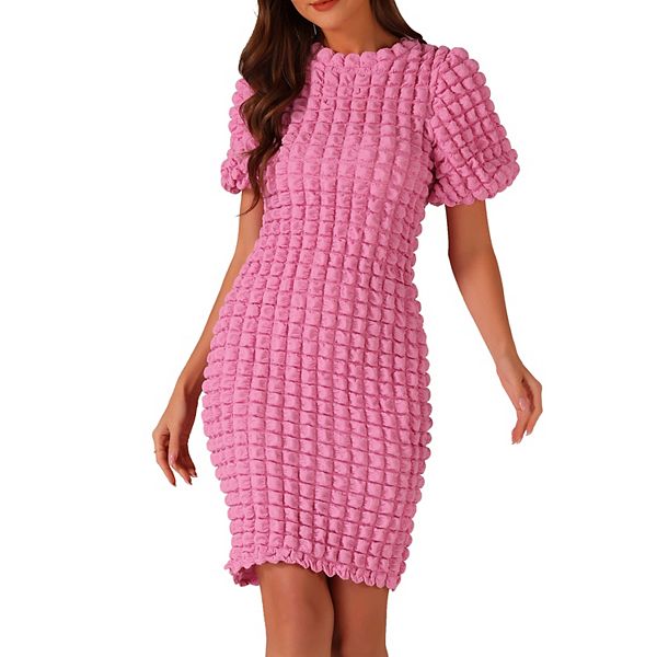 Summer Popcorn Dress For Women Puffy Sleeve Cute Elegant Party Midi Dress