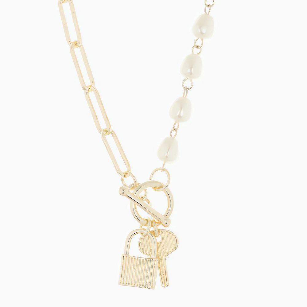 Juvell 18K Gold Plated Simulated Pearl Lock and Key Necklace