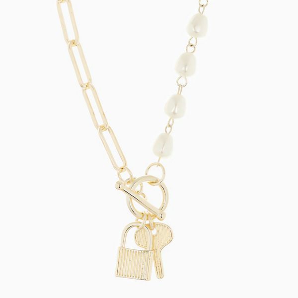 Juvell 18K Gold Plated Simulated Pearl Lock and Key Necklace