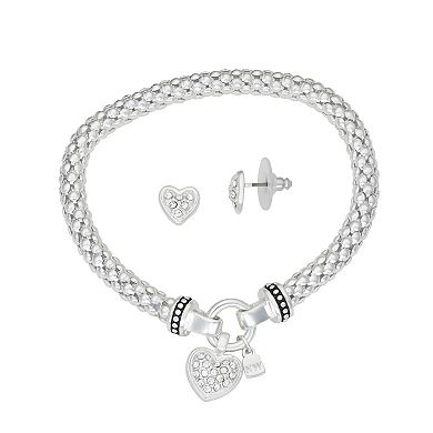 Nine West Silver Tone Crystal Pave Heart Bracelet & Stud Earring Set