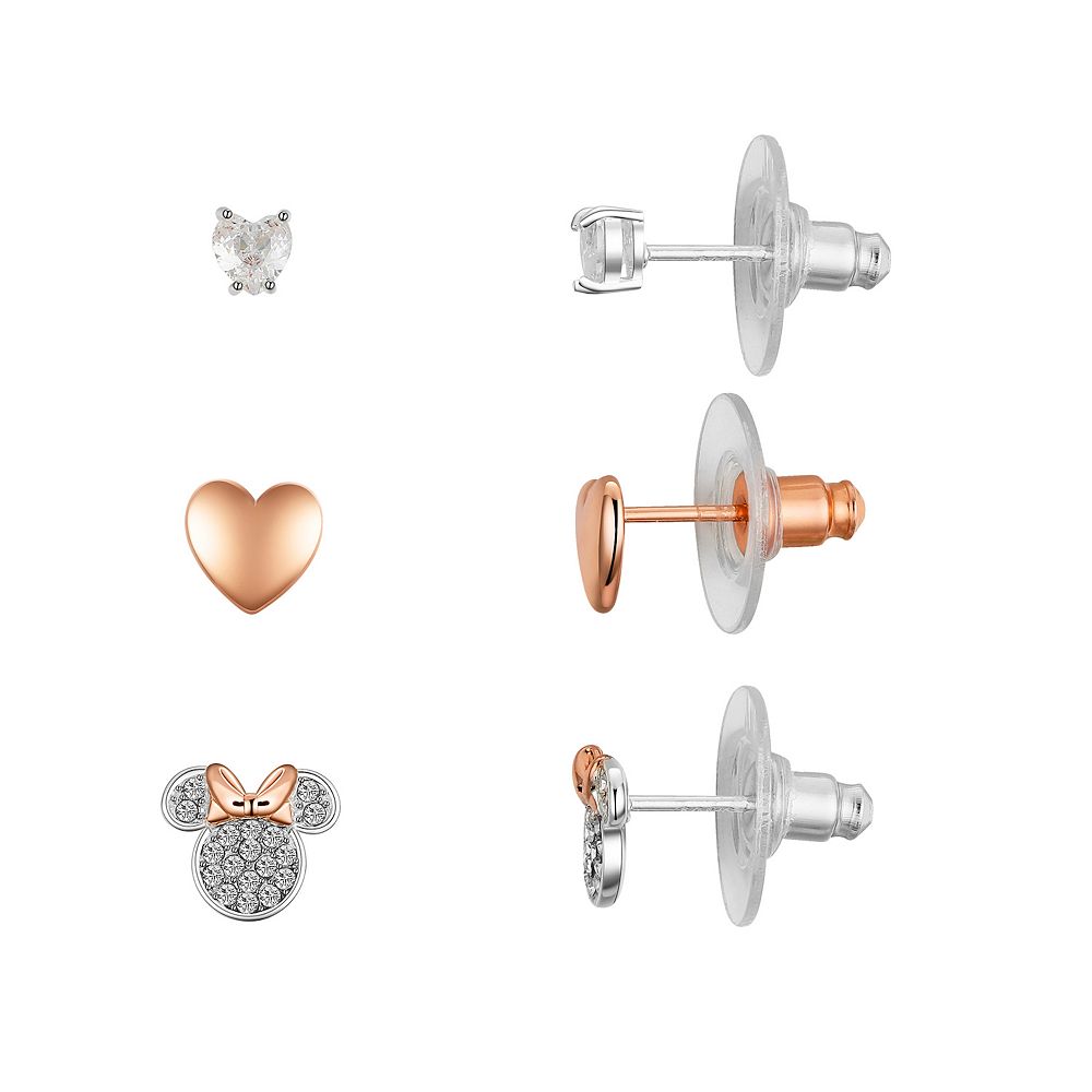 Disney's Minnie Mouse Two Tone Cubic Zirconia Heart Stud Earring Trio Set