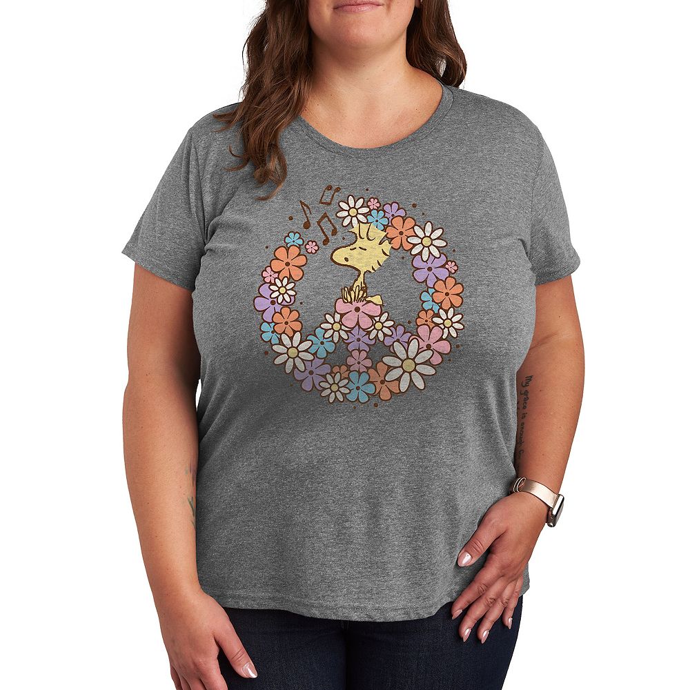 Plus Peanuts Woodstock Floral Peace Sign Graphic Tee