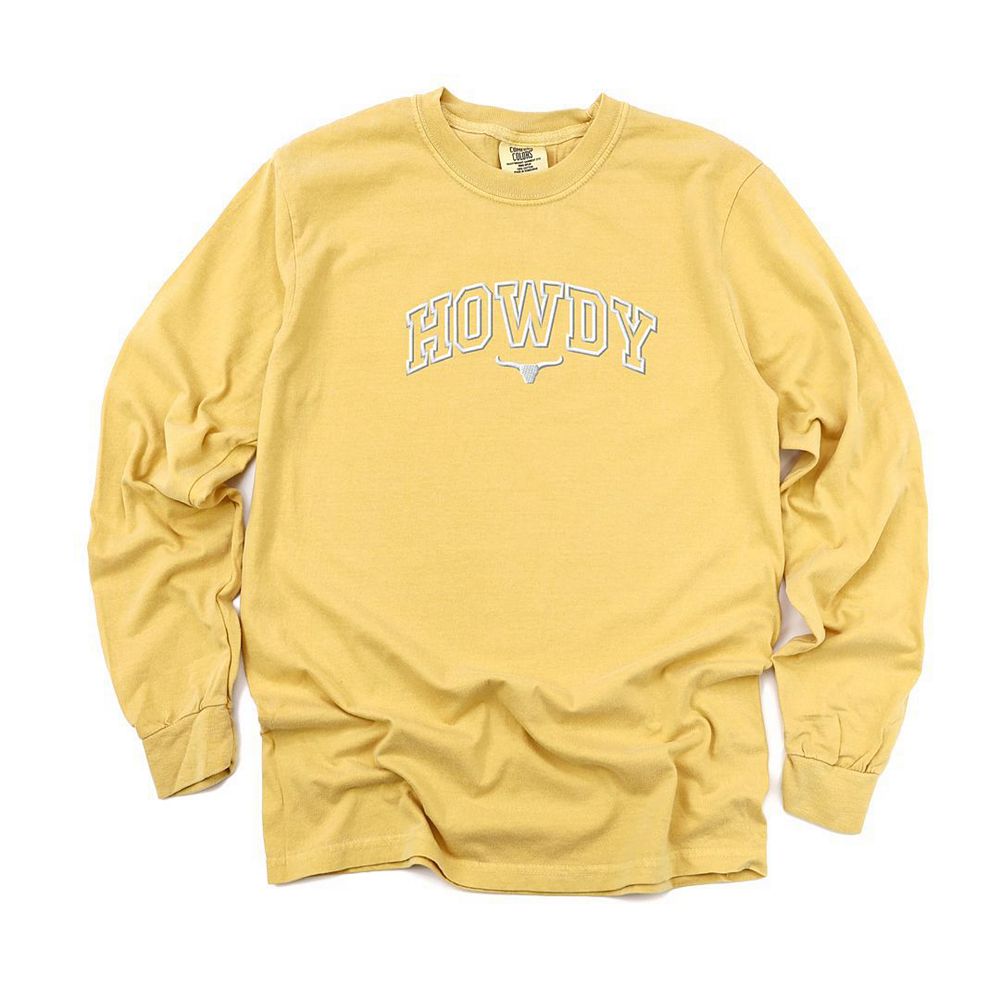 Embroidered Howdy Bull Varsity Garment Dyed Long Sleeve Tees