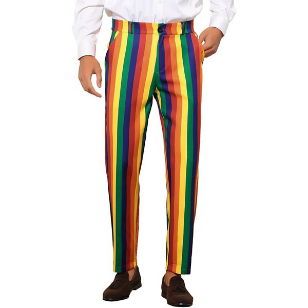 Rainbow Pants for Men's Regular Fit Flat Front Color Block Stripe Dress Trousers