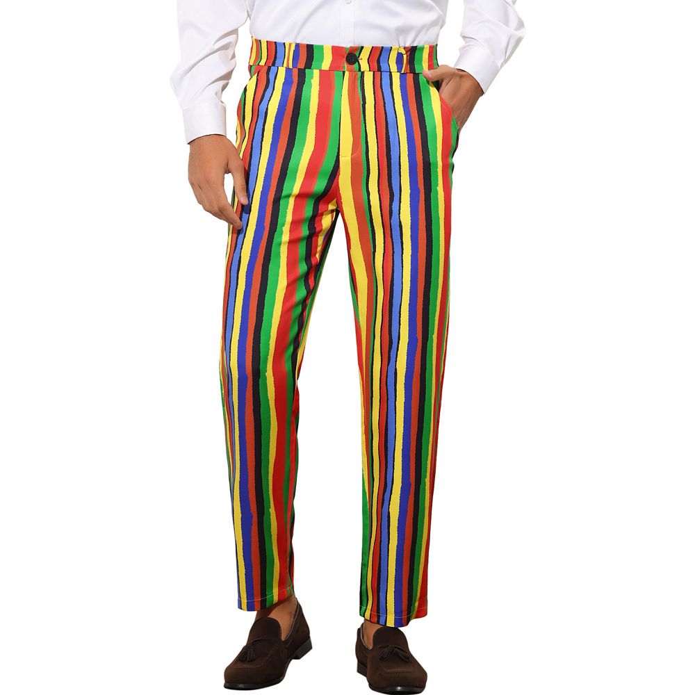 Rainbow Pants for Men's Regular Fit Flat Front Color Block Stripe Dress Trousers