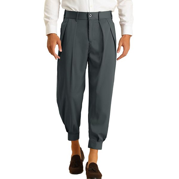 Men's Cropped Formal Pants Solid Color Double Pleated Tapered Dress Pants