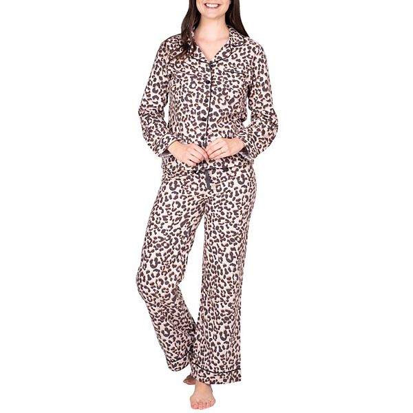 Blis Women's Long Sleeve Flannel Notch Pajama Set Leopard