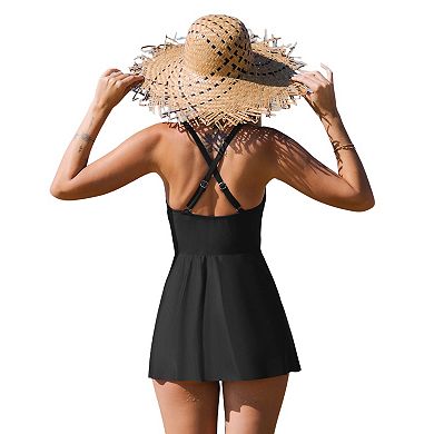 Women's Cupshe Black V-Neck Ruffled Swim Dress