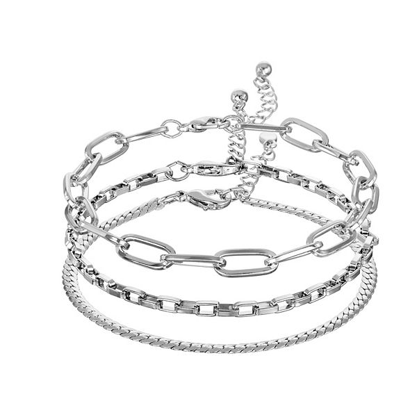 Emberly Silver Tone Mixed Chain Bracelet Trio Set