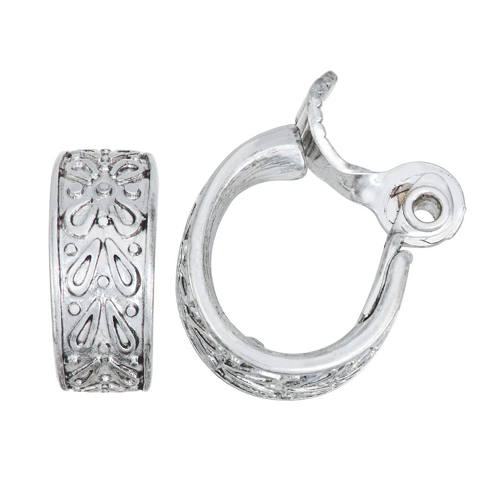 Napier Silver Tone Treasure Clip Hoop Earrings