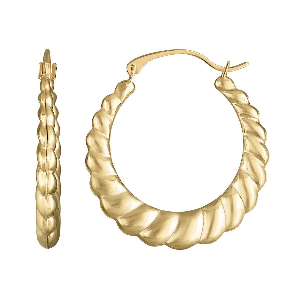14k Gold Ribbed Hoop Clasp Earrings