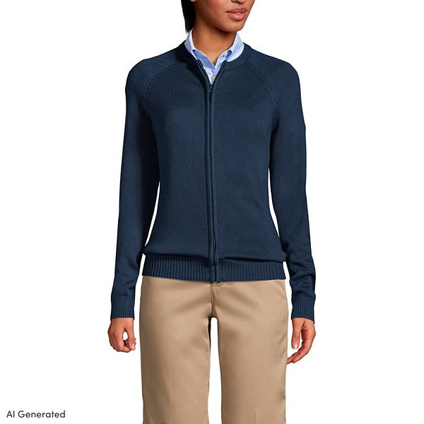 Women's Lands' End School Uniform Zipper-Front Cardigan Sweater