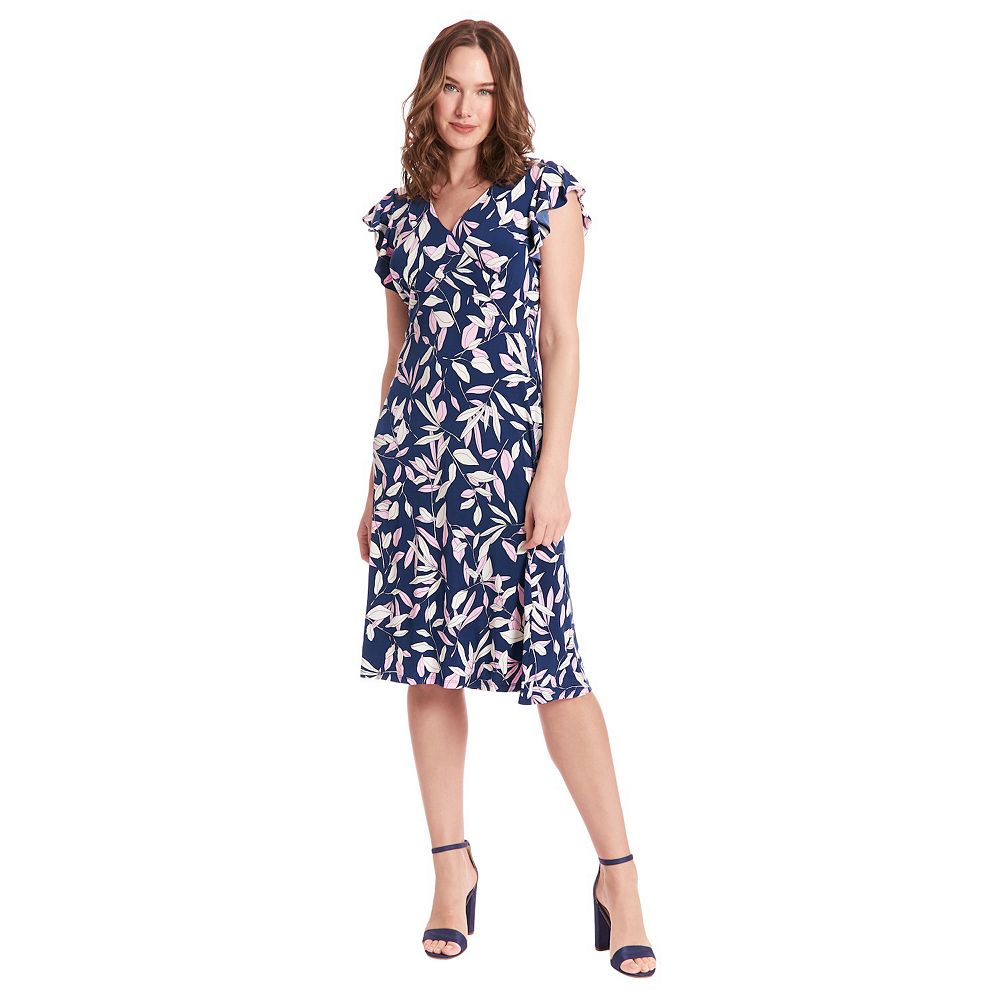 Women's London Times Ruffle Sleeve V-Neck Midi Dress