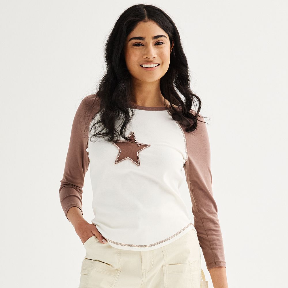 Juniors' Almost Famous 3/4 Sleeves Patch Raglan Top