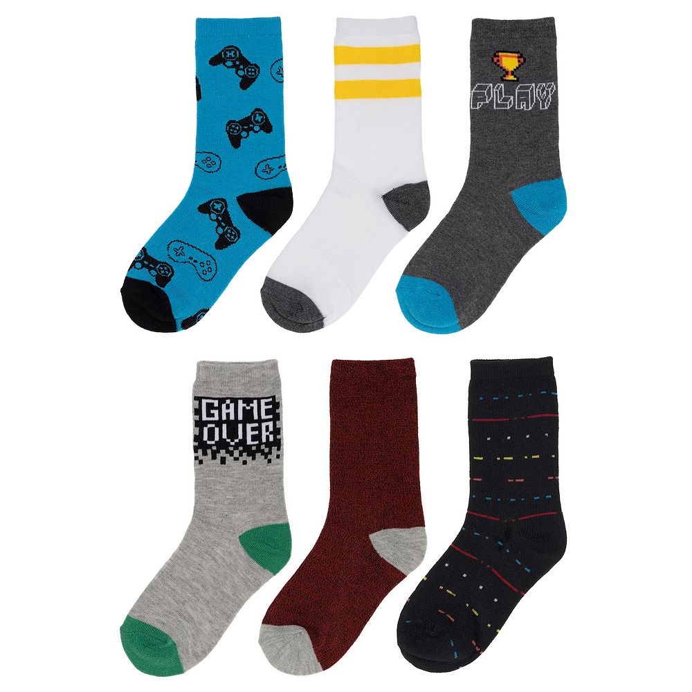 Boys 6-8.5 Gaming Crew Socks 6-Pack Set