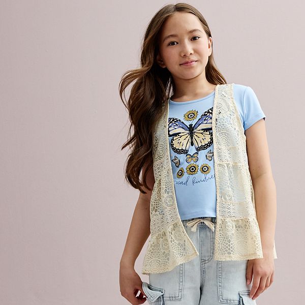 Girls 7-16 Self Esteem Tier Crochet Vest With Tee Set