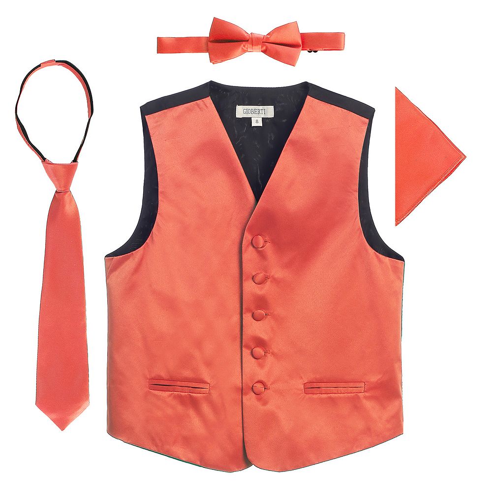 Gioberti Boy's 4pc Satin Formal Vest Set - Vest, Bowtie, Tie, Pocket Square