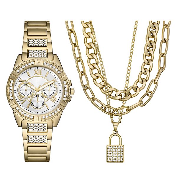 Folio Women's Gold Tone Watch & Lock Necklace Set
