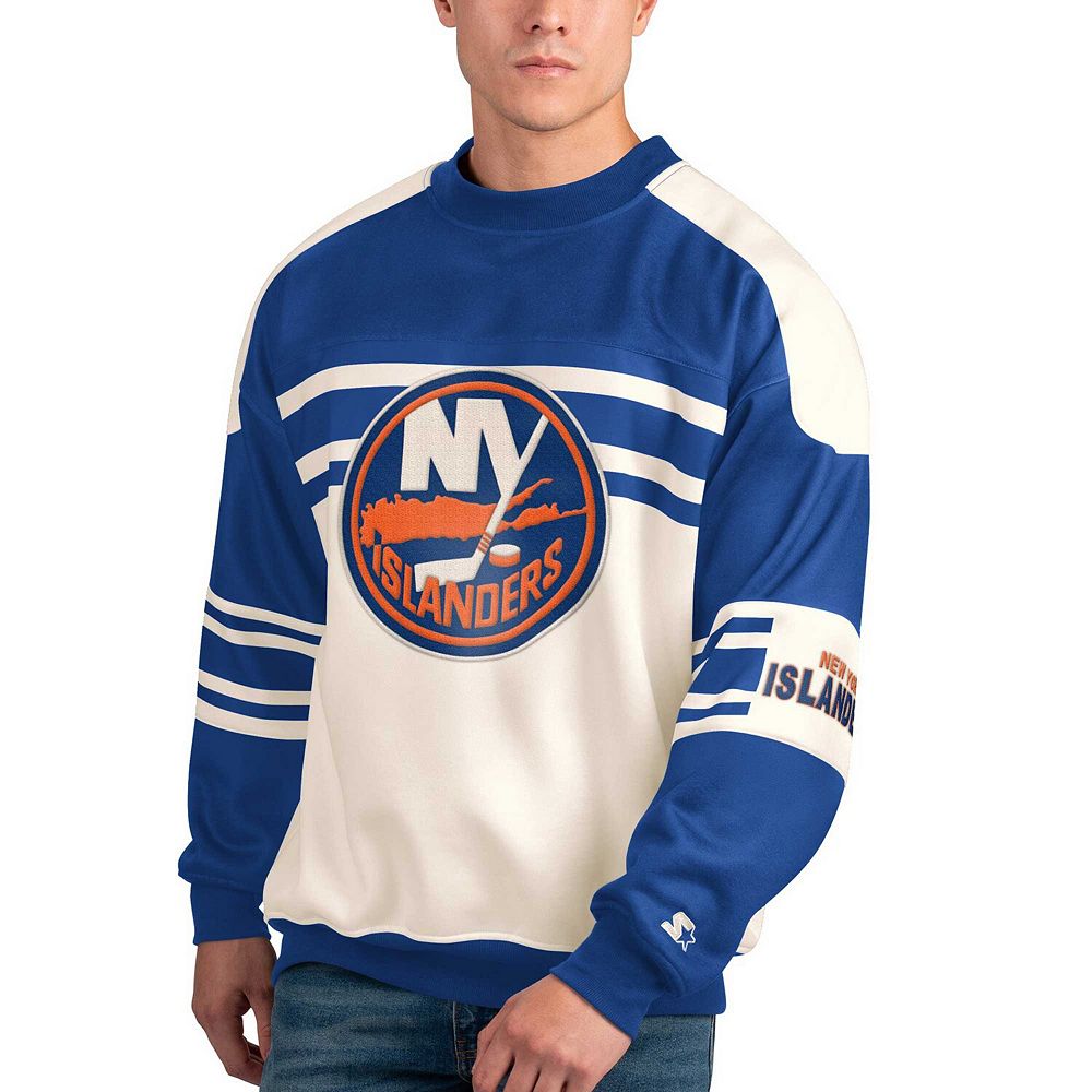 Men's Starter White New York Islanders Defense Fleece Crewneck Pullover ...