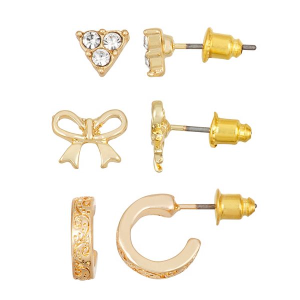 Ella Shea Gold Tone Trio Rhinestone Stud Hoop Earrings Set