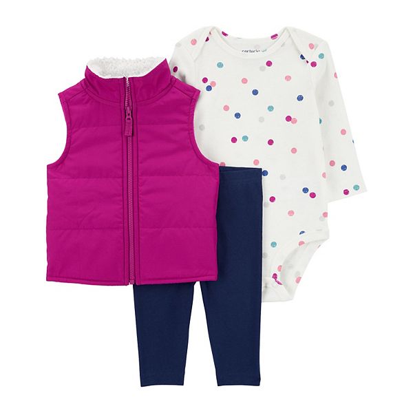 Baby Girl Carter's 3-Piece Polka Dot Long Sleeve Bodysuit, Vest & Pants Set