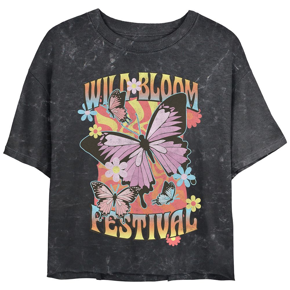 Juniors' Wild Bloom Festival Poster Crop Top Mineral Wash Graphic Tee