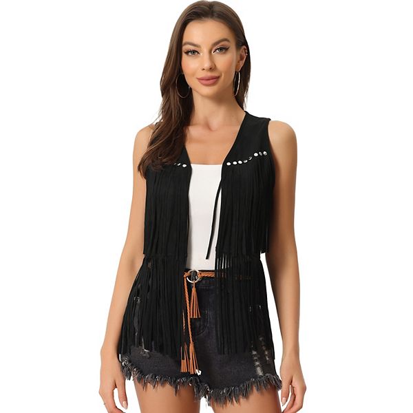 Women's Fringe Vest Open Front Outfits Faux Suede Tassel Cardigan