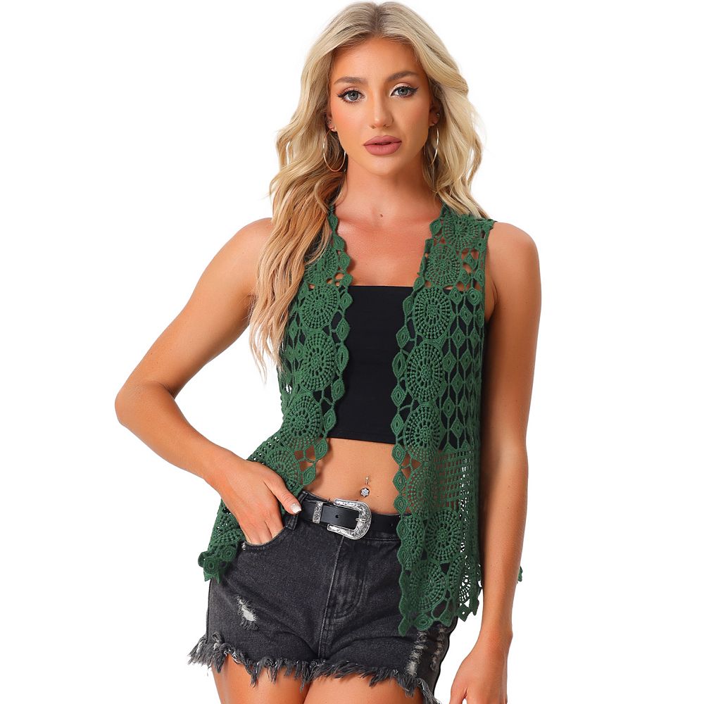 Women's Sleeveless Open Front Cardigan Vest Hollow Out Crochet Shrug
