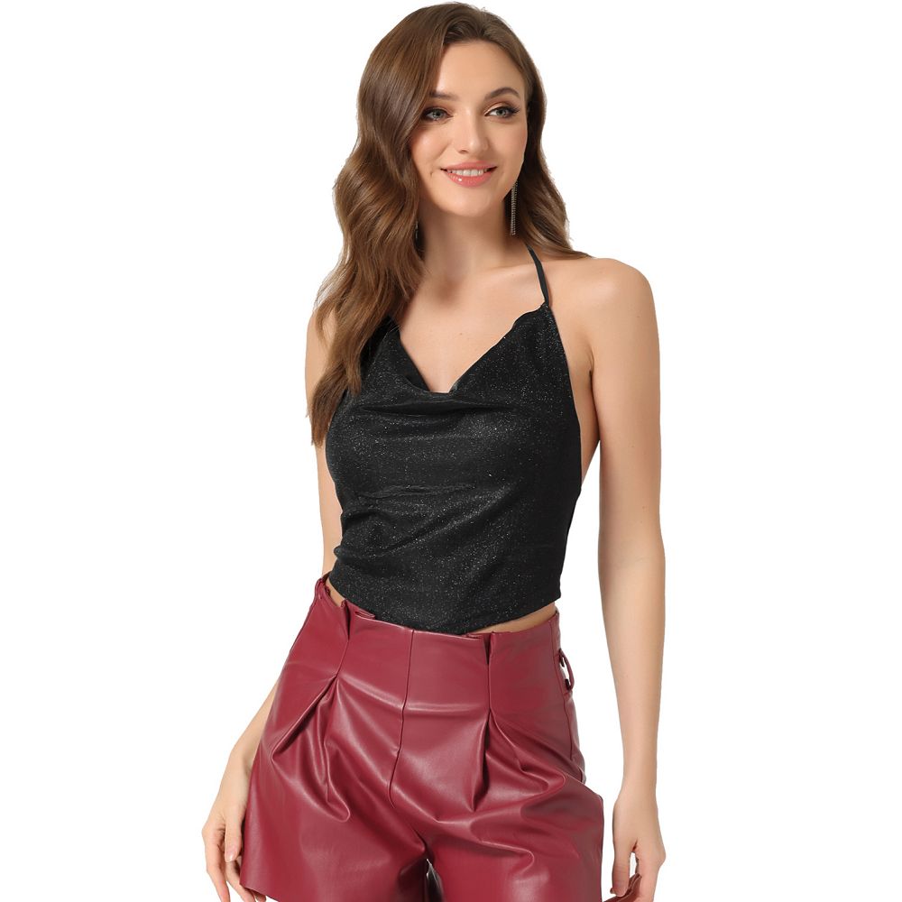 Halter Glitter Top For Women Cowl Neck Draped Clubwear Backless Crop ...