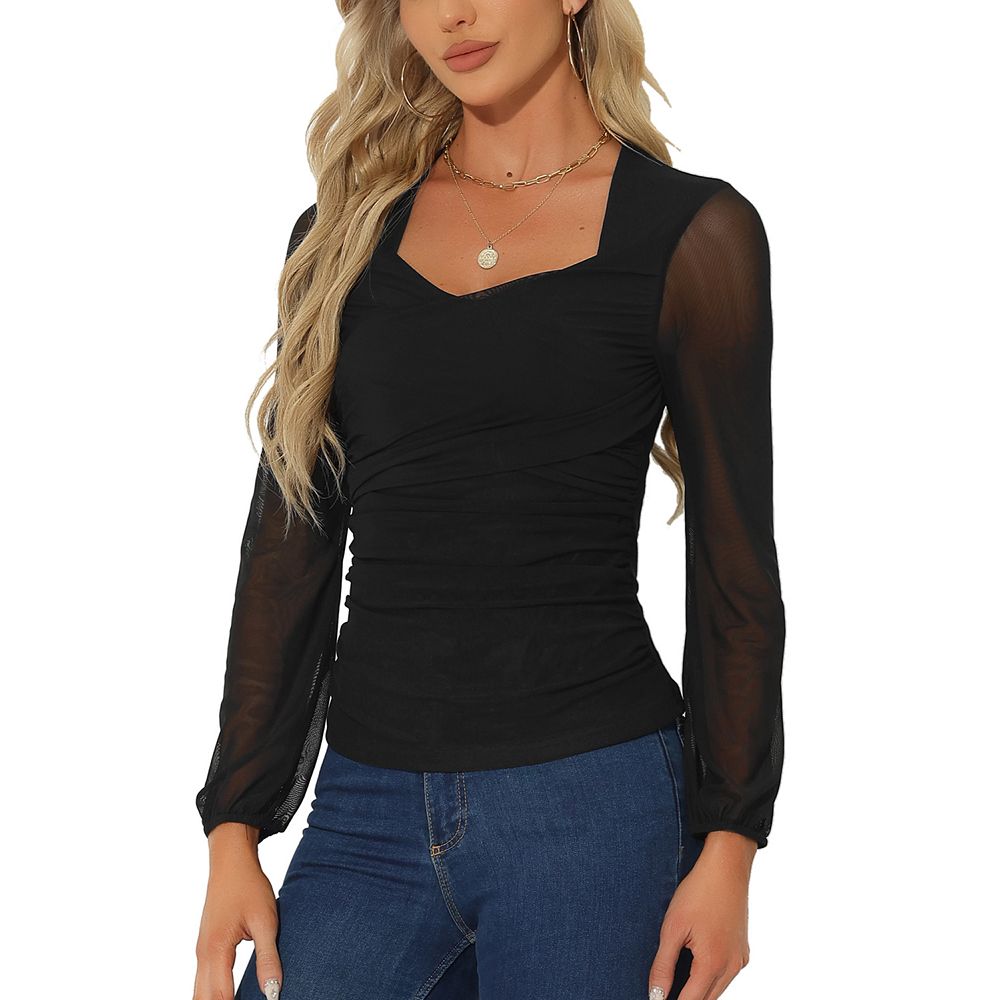 Ruched Mesh Blouse For Women V Neck Long Sleeve Slim Fit Dressy Casual ...
