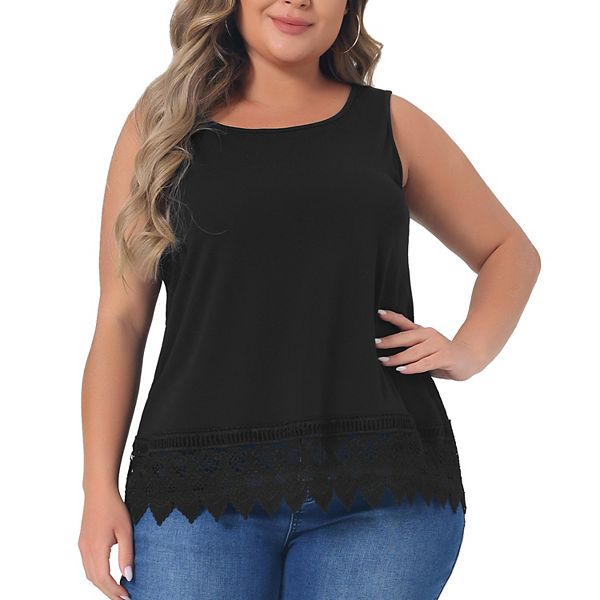 Plus Size Tank Tops for Women Round Neck Swing Lace Panel Flowy Tops