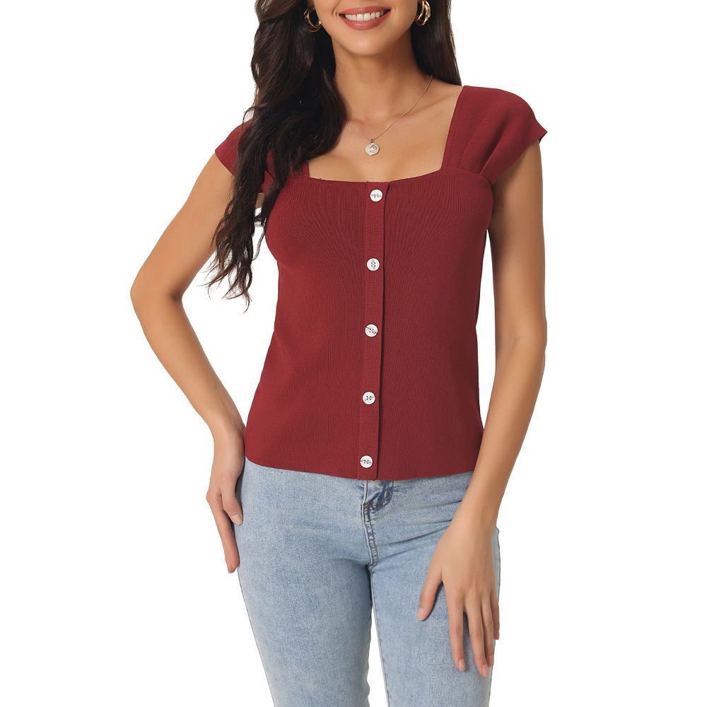 Women's Summer Square Neck Ribbed Knit Tops Buttons Decor Sleeveless ...